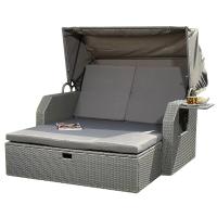 China Leisure Outdoor Rattan Double Sun Bed Rattan Wicker Chaise Lounge Garden Poolside Canopy Bed  Sofa Bed With Stool Bench for sale