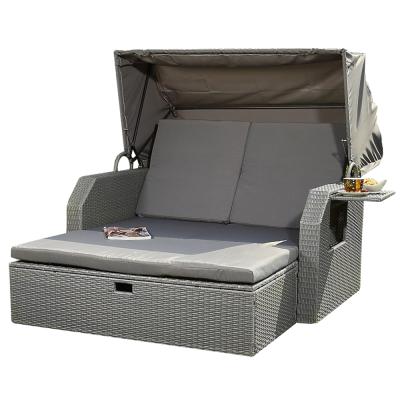 China Leisure Outdoor Rattan Double Sun Bed Rattan Wicker Chaise Lounge Garden Poolside Canopy Bed  Sofa Bed With Stool Bench for sale