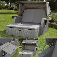 China Leisure Outdoor Rattan Double Sun Bed Rattan Wicker Chaise Lounge Garden Poolside Canopy Bed  Sofa Bed With Stool Bench for sale