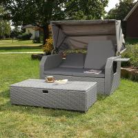 China Leisure Outdoor Rattan Double Sun Bed Rattan Wicker Chaise Lounge Garden Poolside Canopy Bed  Sofa Bed With Stool Bench for sale