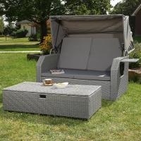 China Leisure Outdoor Rattan Double Sun Bed Rattan Wicker Chaise Lounge Garden Poolside Canopy Bed  Sofa Bed With Stool Bench for sale