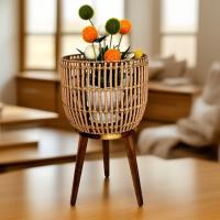 China Factory Direct Sale Metal Frame Wooden Legs  PE Rattan Artificial Weaving Popular Flower Stand with Wooden Base for sale