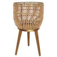 China Factory Direct Sale Metal Frame Wooden Legs  PE Rattan Artificial Weaving Popular Flower Stand with Wooden Base for sale