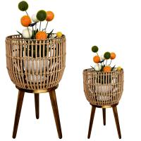 China Factory Direct Sale Metal Frame Wooden Legs  PE Rattan Artificial Weaving Popular Flower Stand with Wooden Base for sale