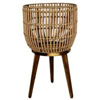 China Factory Direct Sale Metal Frame Wooden Legs  PE Rattan Artificial Weaving Popular Flower Stand with Wooden Base for sale