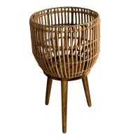 China Factory Direct Sale Metal Frame Wooden Legs  PE Rattan Artificial Weaving Popular Flower Stand with Wooden Base for sale