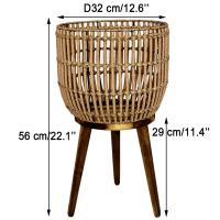 China Factory Direct Sale Metal Frame Wooden Legs  PE Rattan Artificial Weaving Popular Flower Stand with Wooden Base for sale