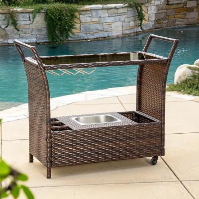 China Wholesale Cheapest Steel Frame Rattan bar Cart Outdoor Indoor Use Bistro Cart Trolley Cart for sale