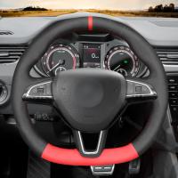 China 2015-2019 Skoda Octavia Fabia Kodiaq Citigo Superb Scala Black Thread Suede Steering Wheel Cover for sale
