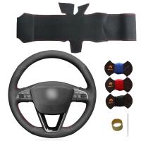 China Custom Hand Sewing Steering Wheel Cover Black Suede Leather for Seat Arona 2018 2019 Alhambra 2016 2017 2018 2019 for sale