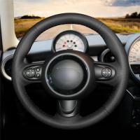 China DIY Genuine Leather Black Hand Stitching Custom Car Wrap Steering Wheel Cover For Mini Coupe for sale