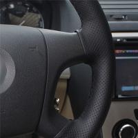 China Skoda Fabia 2005-2010 Black Genuine Leather Steering Wheel Cover with 3-Spoke Wheel for sale