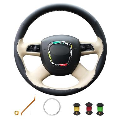 China Customized Beige Leather Black Steering Wheel Cover for Audi A6 A8 A8L Q7 S8 2005-2011 for sale