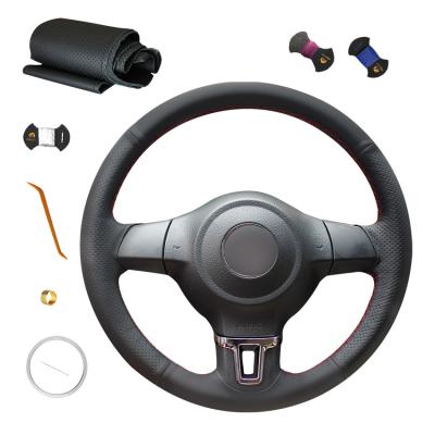 China Volkswagen Golf 6 Mk6 Polo MK5 2010-2015 Black Leather Hand Sewing Steering Wheel Cover for sale