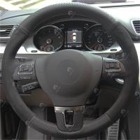 China VW Car Fitment Black Suede Leather Steering Wheel Cover with Blue Thread Hand Sewing for sale