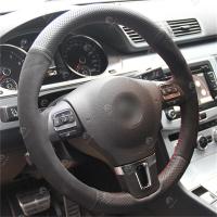 China VW Car Fitment Black Suede Leather Steering Wheel Cover with Blue Thread Hand Sewing for sale