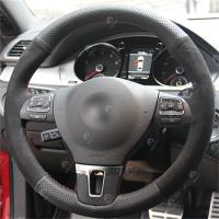 China VW Car Fitment Black Suede Leather Steering Wheel Cover with Blue Thread Hand Sewing for sale