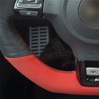 China Car Fitment VW Red Black Leather Suede Hand Stitching Steering Wheel Wrap for Scirocco R for sale