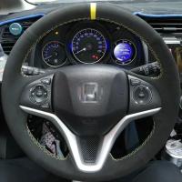 China Hand Stitching Black Suede Steering Wheel Cover Yellow Marker for Honda Fit City Jazz HR-V HRV Vezel for sale