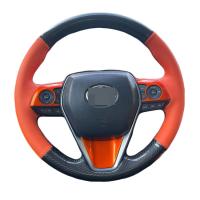 China Custom Hand Stitching Orange Leather Carbon Steering Wheel Cover for Toyota Corolla RAV4 Avalon Camry 2018-2020 for sale