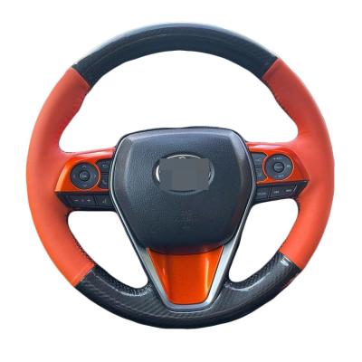 China Custom Hand Stitching Orange Leather Carbon Steering Wheel Cover for Toyota Corolla RAV4 Avalon Camry 2018-2020 for sale