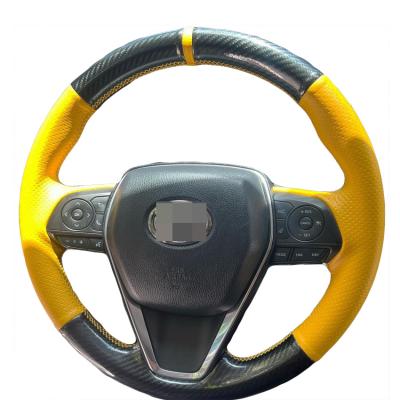 China Custom Hand Stitching Yellow Leather Carbon Steering Wheel Cover for Toyota Corolla RAV4 Avalon Camry 2018-2020 for sale