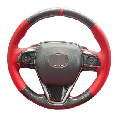 China Custom Hand Stitching Red Leather Carbon Steering Wheel Cover for Toyota Corolla RAV4 Avalon Camry 2018-2020 for sale
