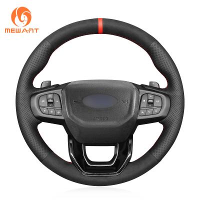 China Custom Hand Stitching Black Smooth Faux PU Artificial Leather Steering Wheel Cover for Ford Ranger Everest 2022-2023 for sale
