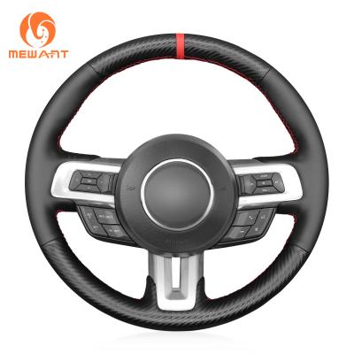 China Customized Available Durable Black Leather Matter carbon Fiber Hand Sewing Steering Wheel Cover Wrap for Ford Mustang 2015-2021 for sale