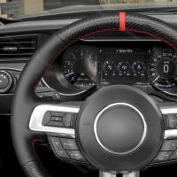 China Customized Available Durable Black Leather Matter carbon Fiber Hand Sewing Steering Wheel Cover Wrap for Ford Mustang 2015-2021 for sale