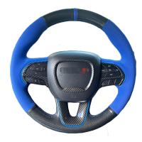 China Custom Hand Stitching Blue Suede Carbon Steering Wheel Cover for Dodge Challenger Charger 2015 2016 2017 2018 2019 2020 2021 for sale