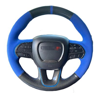 China Custom Hand Stitching Blue Suede Carbon Steering Wheel Cover for Dodge Challenger Charger 2015 2016 2017 2018 2019 2020 2021 for sale