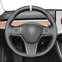 China Custom Hand Stitching Black PU Leather Matt Carbon Steering Wheel Cover for Tesla Model 3 Model Y for sale