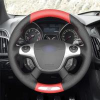 China Durable Red Black Suede Faux Leather Car Accessories Custom Hand Sewing Steering Wheel Cover For Ford Focus ST 2012 2013 2014 for sale