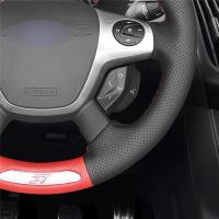 China Durable Red Black Suede Faux Leather Car Accessories Custom Hand Sewing Steering Wheel Cover For Ford Focus ST 2012 2013 2014 for sale