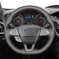 China Custom Hand Sewing Black Artificial PU Leather Steering Wheel Cover for Ford Focus RS MK3 ST 2015 for sale