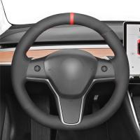 China Custom Hand Stitching Black Soft Suede Steering Wheel Cover for Tesla Model 3 Model Y for sale