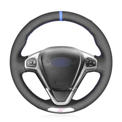 China Hand Sewing Artificial Leather Steering Wheel Cover Blue Strip Thread for Ford Fiesta ST 2013 2014 2015 2016 2017 2018 for sale