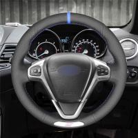 China Hand Sewing Artificial Leather Steering Wheel Cover Blue Strip Thread for Ford Fiesta ST 2013 2014 2015 2016 2017 2018 for sale