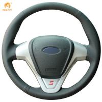 China Hand Sewing Black Genuine Leather Steering Wheel Cover for Ford Fiesta MK7 Zetec S Ecoboost 2008-2013 Ecosport 2013-2016 for sale