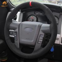 China Hand Sewing Stitching Black Suede Red Stripe Steering Wheel Cover for Ford F150 F-150 for sale