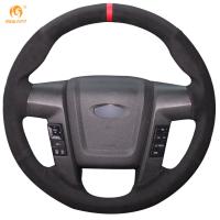 China Hand Sewing Stitching Black Suede Red Stripe Steering Wheel Cover for Ford F150 F-150 for sale
