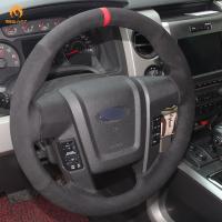 China Hand Sewing Stitching Black Suede Red Stripe Steering Wheel Cover for Ford F150 F-150 for sale