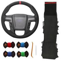 China Hand Sewing Stitching Black Suede Red Stripe Steering Wheel Cover for Ford F150 F-150 for sale