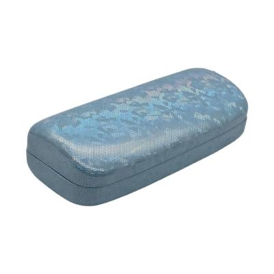 China Bluish Purple Metal Clamshell Sunglass Case 155mm Embossed Logo Hard Eyewear Packaging for sale