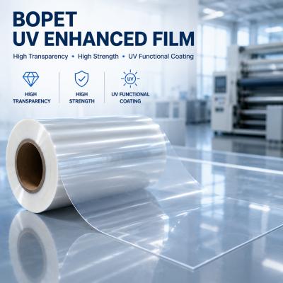 China UV Enhanced Coated BOPET Film 12um 15um Electronics Label High Gloss Corona Treated UV Ink Adhesion for sale