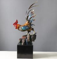 China Ancient Style Colorful Chicken Shaped Bronze Ornament with Wooden Base and Bronze Decoration for sale
