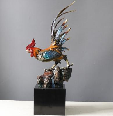 China Ancient Style Colorful Chicken Shaped Bronze Ornament with Wooden Base and Bronze Decoration for sale
