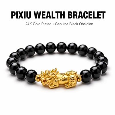 China Pixiu Bracelet Black Obsidian 24K Gold Plated - Feng Shui Wealth Protection Bracelet Chinese Money Beast Lucky Charm for Men Women, Adjustable for sale