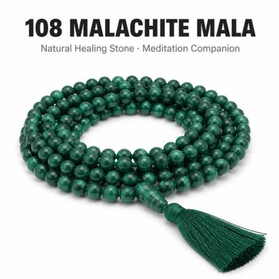 China 108 Beads Mala Bracelet Malachite - Natural Stone Prayer Beads Meditation Necklace, Handmade Buddhist Taoist Rosary with Tassel, Energy Healing Gift for sale